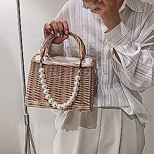Pearl Handle Rattan Handbag, Straw Shoulder Bag Tote Bags, Mini Basket Handbag