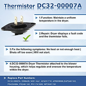 DC47-00016A Thermal Fuse & DC96-00887A Thermal Fuse & DC32-00007A Dryer Thermistor & DC47-00018A Thermostat Dryer Kit Replacement Part-Compatible with samsung lg & kenmore Dryers