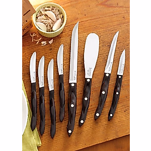 CUTCO Model 1810 Studio +4 Set with bonus CUTCO Polishing Cloth. Set includes 1720 Paring Knife, 1721 Trimmer, 1729 Petite Carver, 1768 Spatula Spreader, and 4-1759 Table/Steak Knives, all in individual Factory-Sealed plastic bags + 1751 Oak Block.