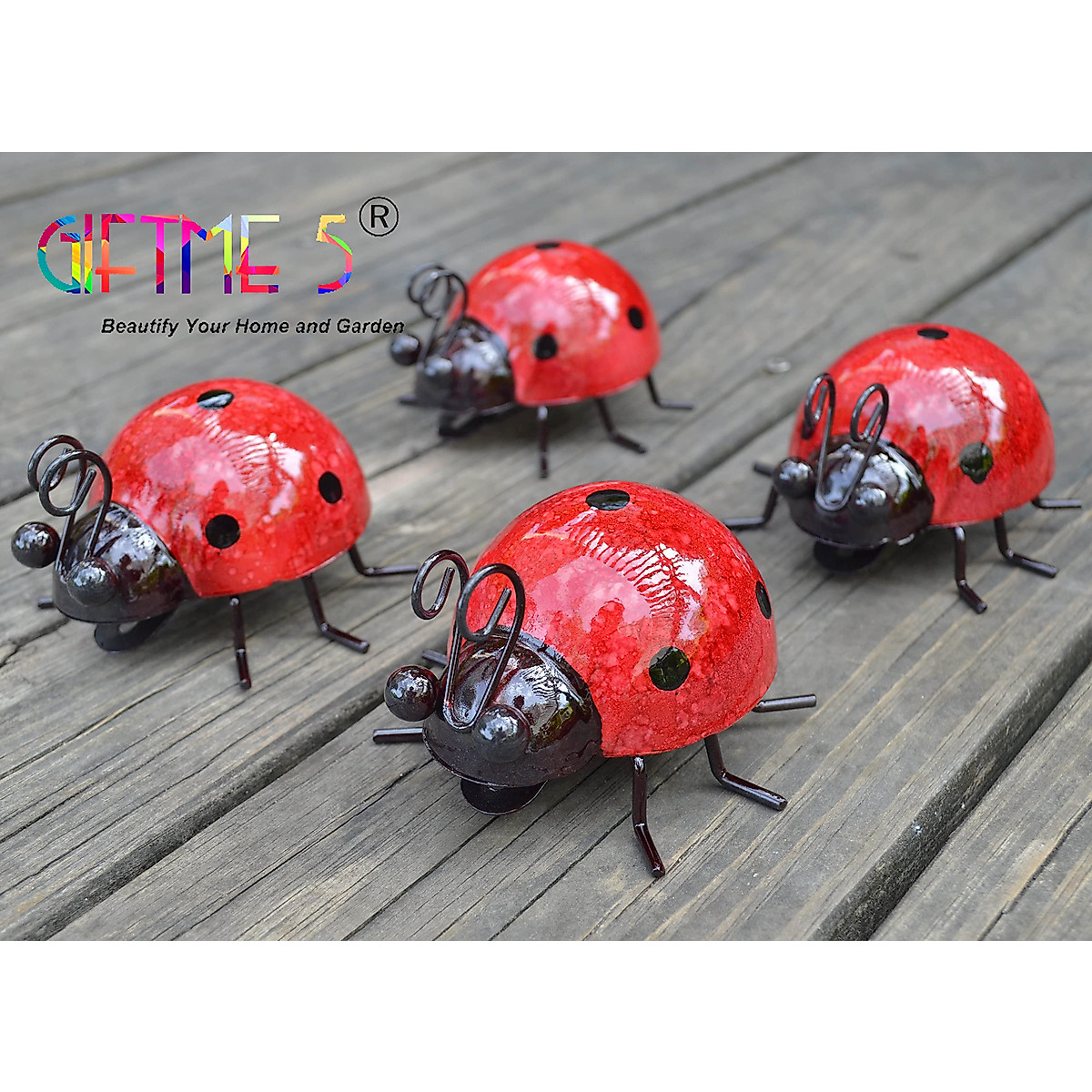 GIFTME 5 Metal Garden Yard Art Decorative 4 Pack Ladybugs Outside Garden Wall Sculptures(RED)