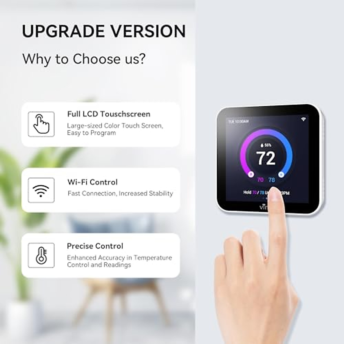 vine Smart Thermostat Larger Color Screen Thermostats for Home Heat and AC, 7 Day Programmable WiFi Thermostat App Control Compatible with Alexa and Google Assistant, C-Wire Required