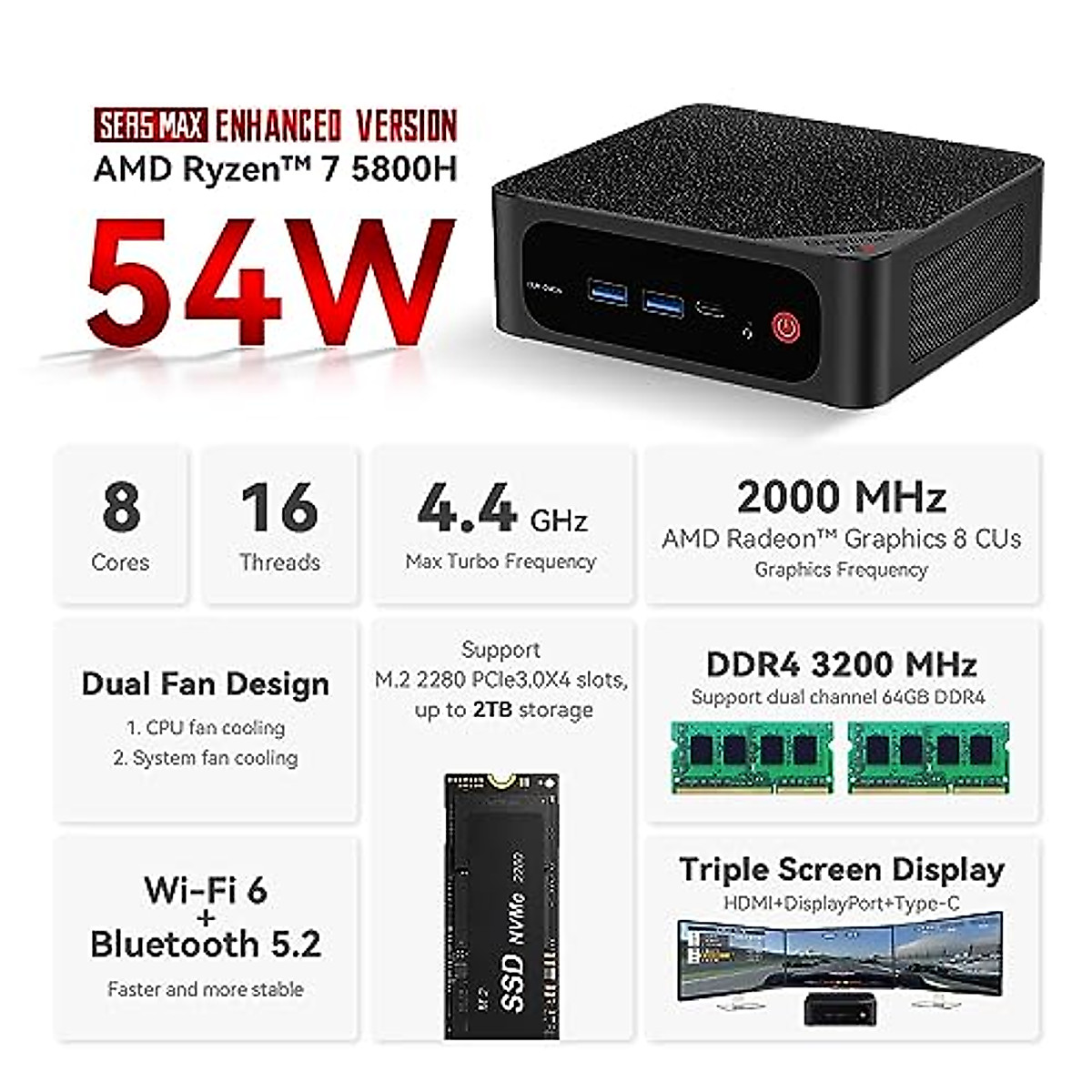 Beelink SER5 MAX Mini PC, AMD Ryzen 7 5800H (8C/16T, up to 4.4GHz, TDP 54W), 32GB DDR4 500GB M.2 NVMe SSD Vega 8 Graphics, Mini Desktop Computer 4K@60Hz Output/DP/HDMI/Type-C/WiFi 6/BT5.2/Gaming/Home