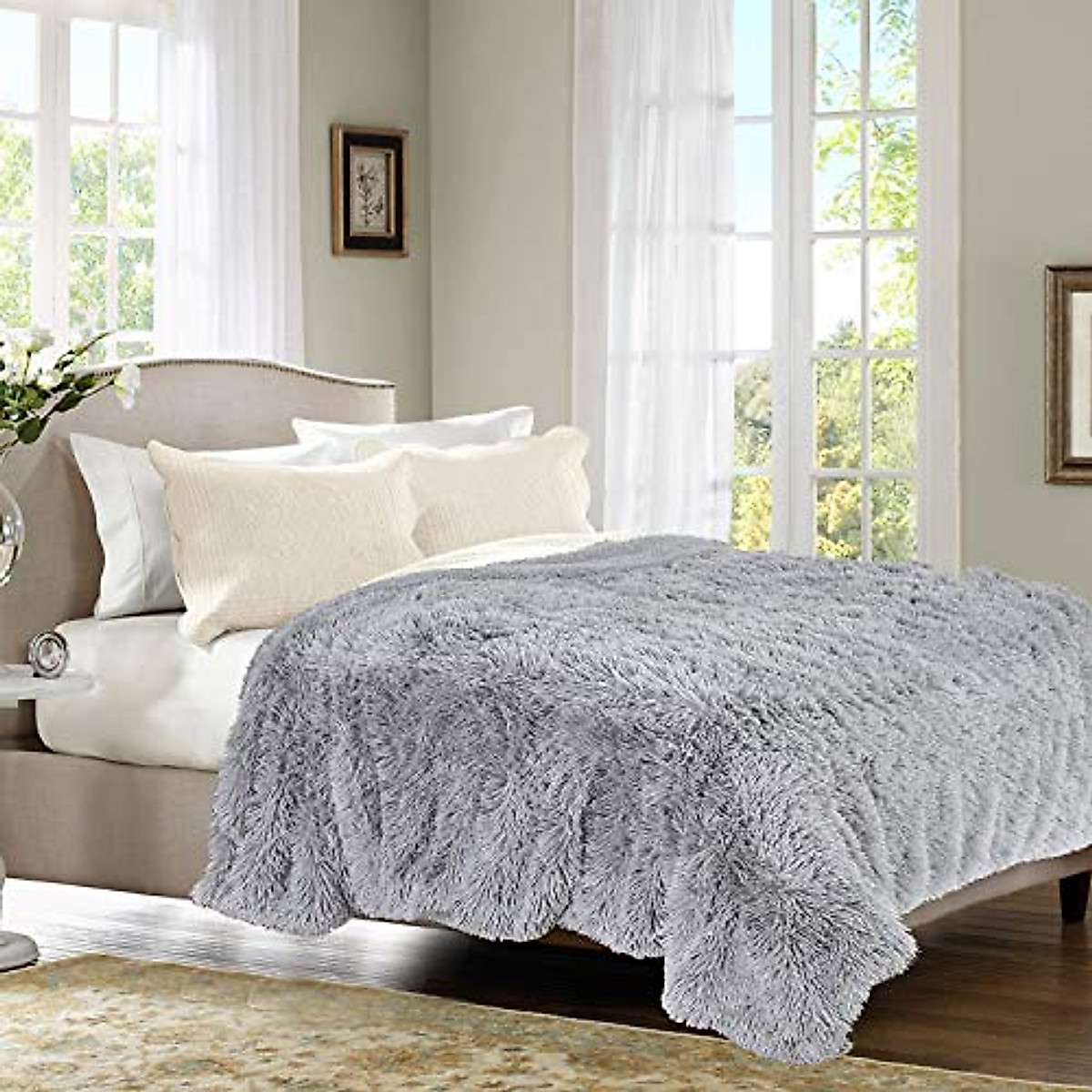 Maxsoft Fluffy Sherpa Blanket for Girls/Boys, 50"x60", Luxury Fuzzy Throw for Sofa, Couch, Bed, Decorative Shag Faux Fur Fleece Blanket for Bedroom(Grey)