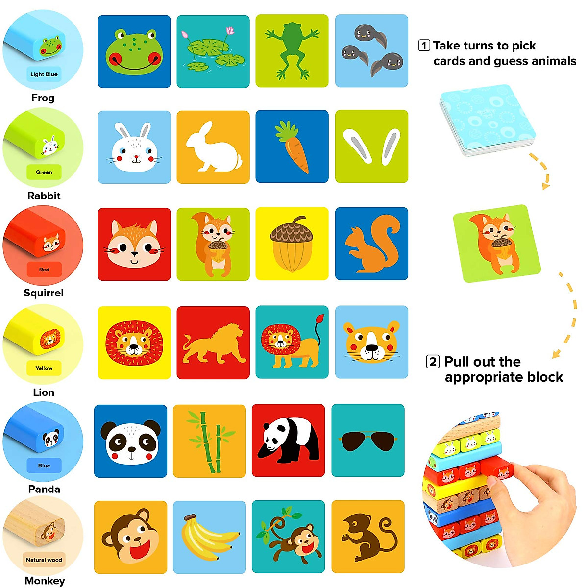 TOOKYLAND Colored Wooden Blocks Stacking Board Games Tumble Tower Games with Animal Pictures for Kids Boys Girls - 80 Pieces