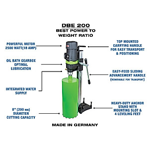 CS Unitec DBE 201 8" Capacity Concrete Core Drill - Wet Diamond Core Drilling Rig - For Concrete, Brick, Block, and Stone - MADE IN GERMANY - 110V