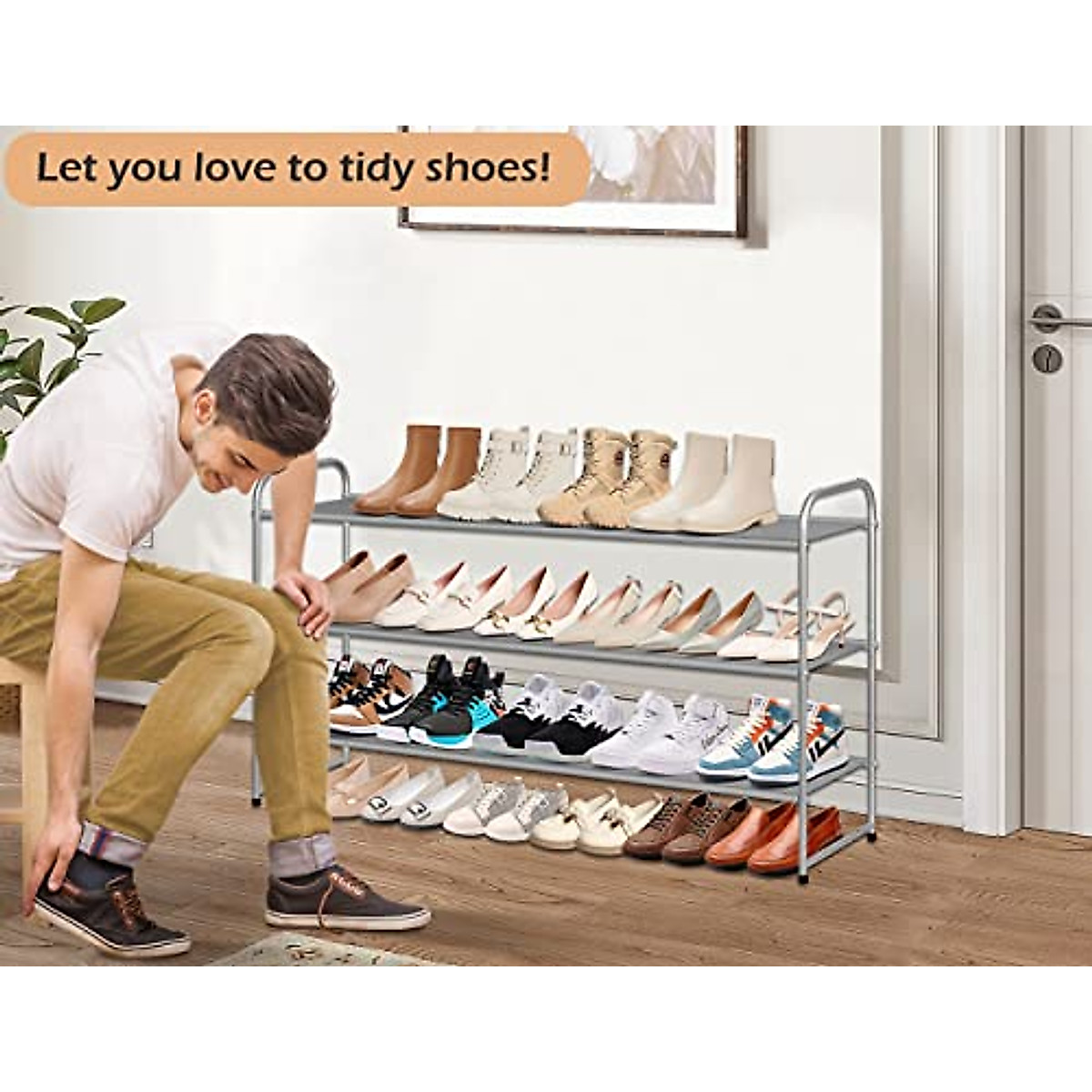 MISSLO Long 3 Tier Shoe Rack for Closet adn 4 Tier Long Shoe Organizer for Closet Shoe Organizer Storage Stackable Wide Shoe Shelf Holds Men Sneakers, Women Heels, Boots