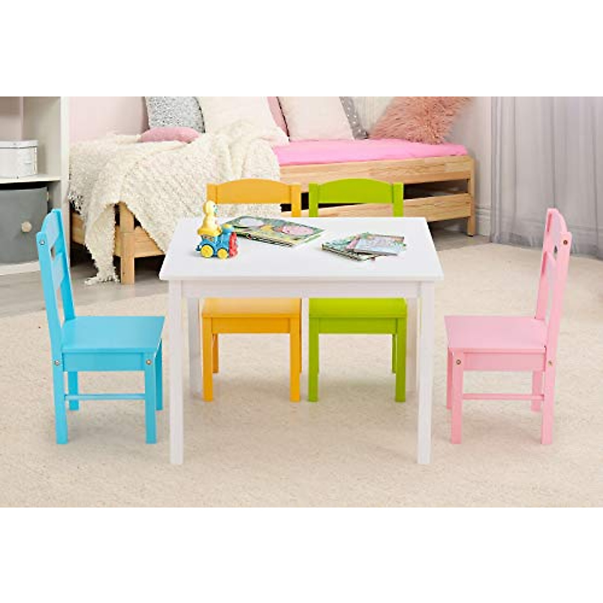 HAPPYGRILL Mini Table and Chairs Furniture Set, Children 5 Pieces Wood Table & Chair Set, Kids Table and Chairs for 2-6 Years