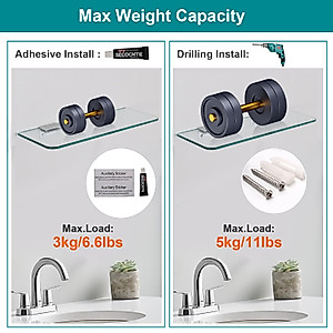 Koilria Glass Shelves, Glass Shower Shelves for Bathroom Tempered Glass Floating Shelves for Wall with Aluminum Brackets, 2 Tiers, 15 x 5 Inches, Drill or No Drill Install