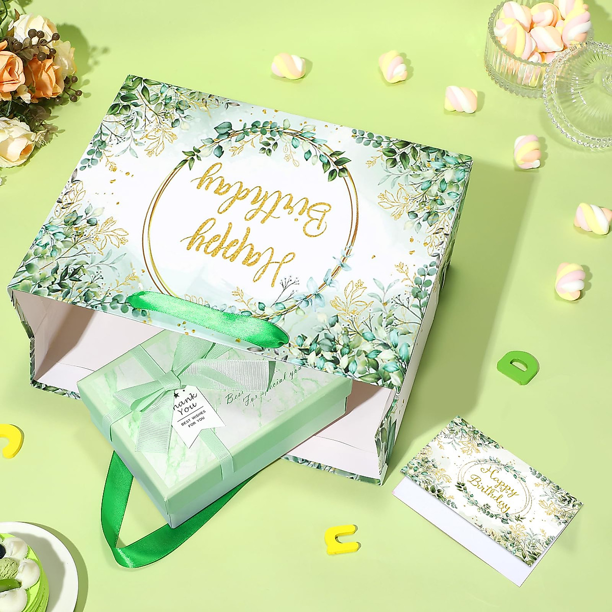 Sage Green Birthday Gift Bag Large Happy Birthday Paper Bags with Tissue Paper and Greeting Cards Eucalyptus Birthday Wrapping Paper Bag Goodie Bags for Girls Boys Birthday Party Decorations Supplies