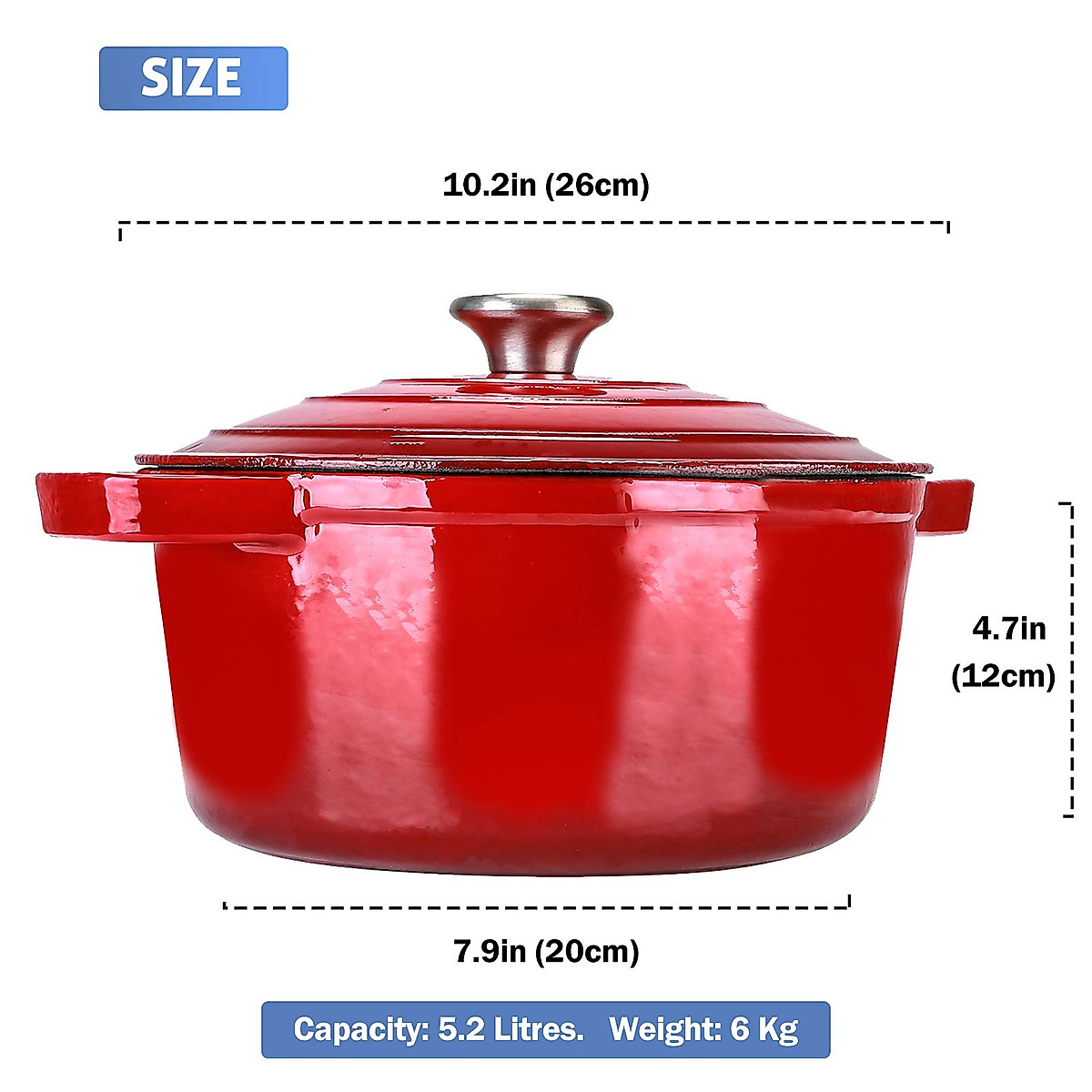 Puricon 5.5 Quart Enameled Cast Iron Dutch Oven with Lid, 5.5 QT Deep Round Dutch Oven Pot with Dual Handles -Red