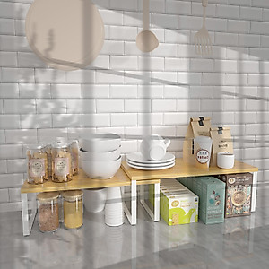 NEX Kitchen Cabinet and Counter Shelf Organizer, Stackable & Expandable, Set of 4, White and Natural - 7.7 x 15.6 x 6.2''