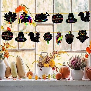 50 Pack Thanksgiving Scratch Art Paper Crafts Kit, Fall Thanksgiving Rainbow Paper Crafts Kit for Kids, DIY Pumpkin Turkey Maple Hanging Ornaments for Thanksgiving Fall Harvest Party Decoration