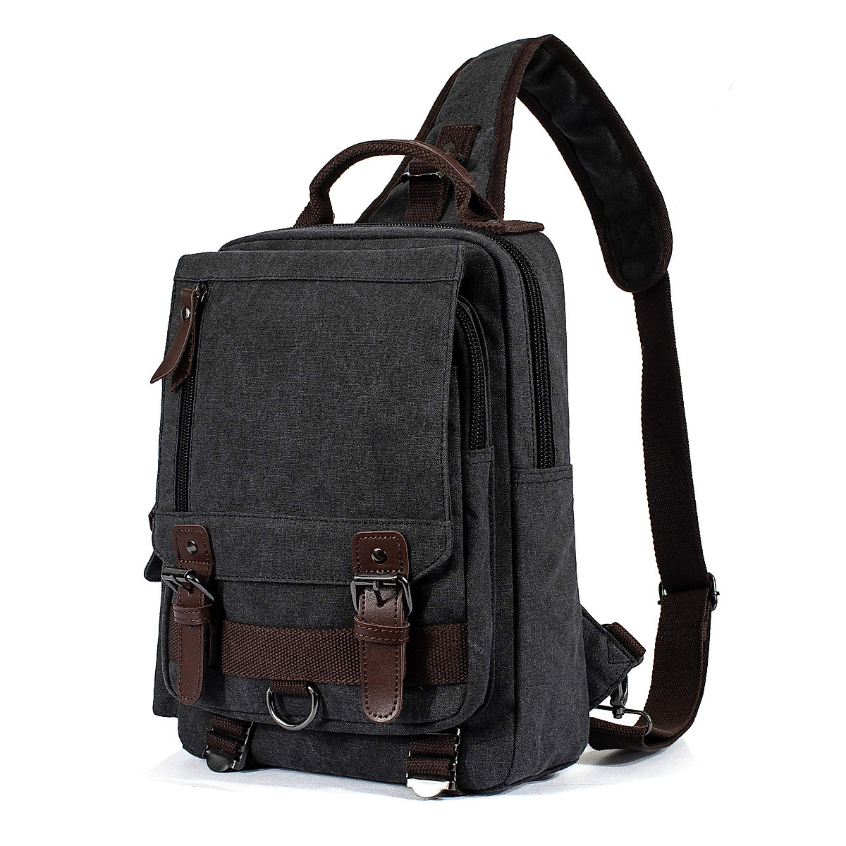 H HIKKER-LINK Canvas Messenger Bag Crossbody Shoulder Backpack Sling Bag Rucksack Daypack Casual Travel Medium Black