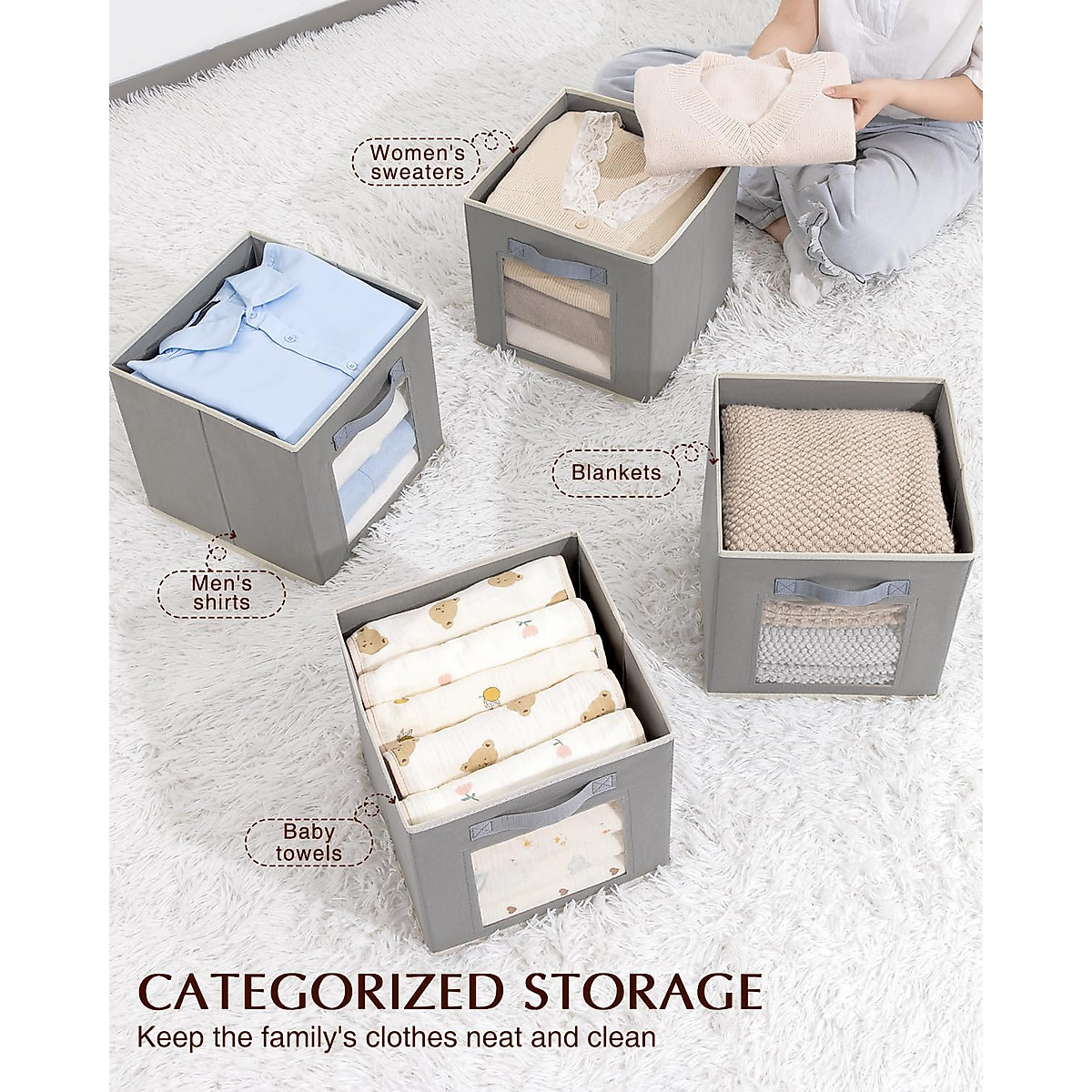 Homsorout Storage Cube 11 Inch - Cube Storage Bins with Window, Closet Storage Baskets with Handle, Fabric Bins for Closet, Shelves, Toys, Clothes, Set of 6, Grey