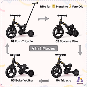 KRIDDO 3-in-1 Kids Tricycles for 2-3 Year Old, 12 Inch Front Wheel Trike and Toddler Balance Bike Bicycle for Boys Girls 2 Years to 4 Years, Removable Pedals for Push and Ride Fun, Black
