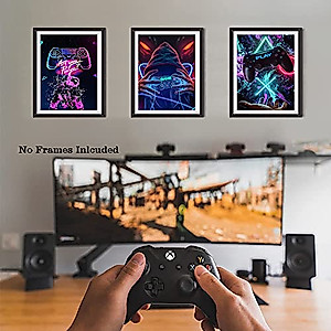 Neon Gaming Art Posters, 12"x16" Video Game Canvas Wall Art, Gamepad Playstation Controller Decorative Interior Painting Wall Art Posters for Teenage Boys Room Playroom Decor, (Set of 3-Unframed)