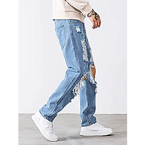 WDIRARA Men's Cut Out Ripped Frayed Zipper Fly Long Straight Leg Denim Jeans Light Wash M