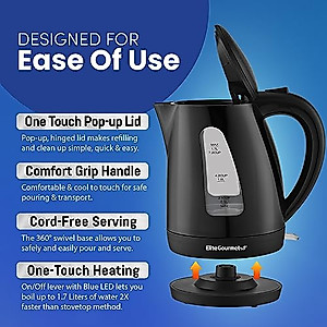 Elite Gourmet EKT8690 1.7L Electric Tea Kettle Hot Water Heater Boiler BPA-Free, Fast Boil, Water Level Window and Auto Shut-Off, Black