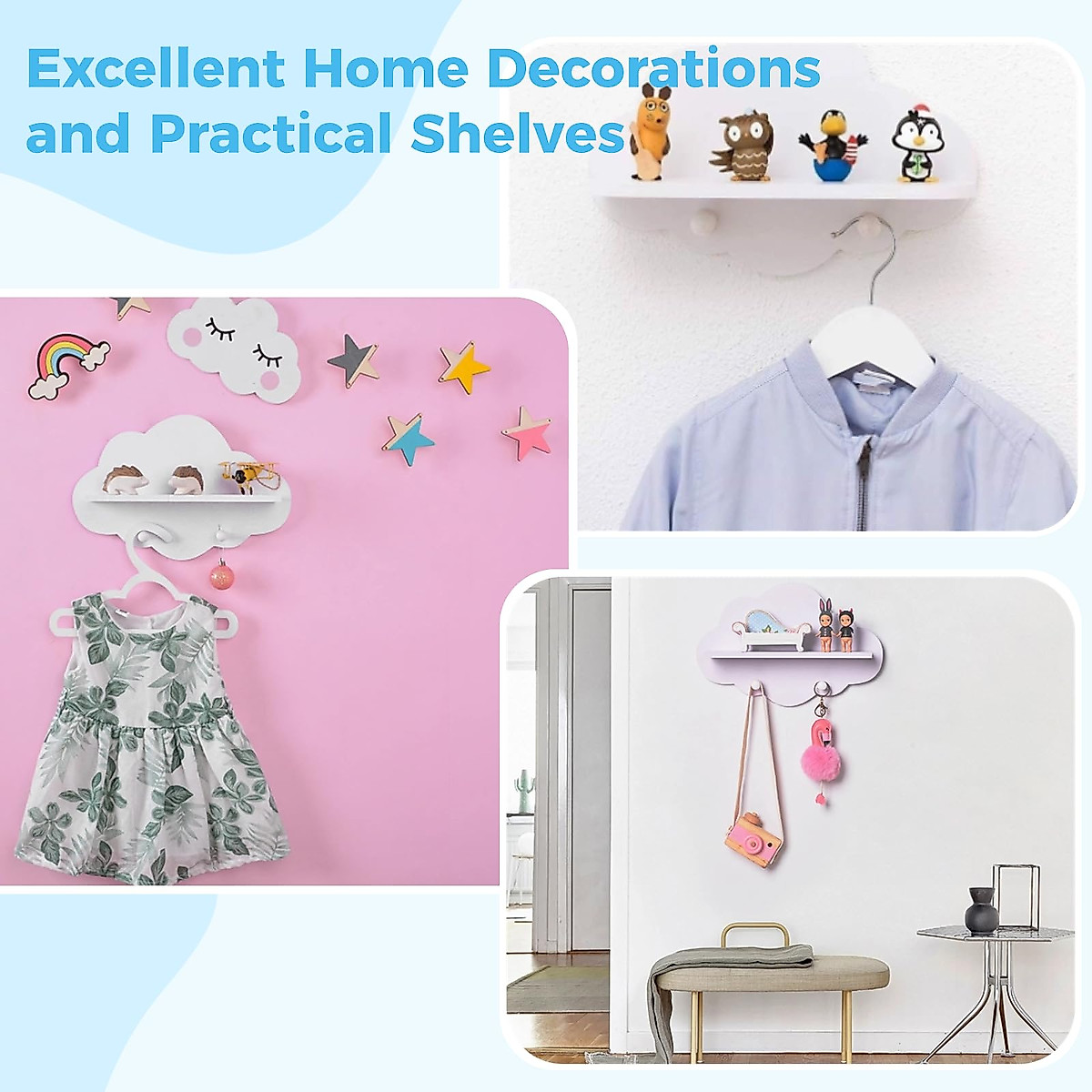 Tideme 3 PCS Wavy Cloud Wall Shelves, Cute Cloud Shelves Stands, Cute Simple Style Wall Shelf, Kawaii Room Wall Decor Wall Shelf Book Shelves for Wall Embellishment