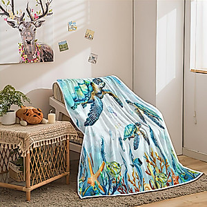 Turtle Blanket Sea Animal Starfish Throw Blanket Kids Blankets Throws Sea Turtle Gifts for Women Boys Girls Aqua Teal Blue Super Soft Cozy Flannel Throw Blanket for Couch Sofa Bed 50"x 60"