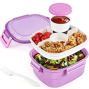 Caperci Superior Salad Container for Lunch To Go - Large 55-oz Salad Bowl Lunch Box Container with 4-Compartment Bento-Style Tray, 3-oz Sauce Container, Reusable Spork & BPA-Free (Purple)