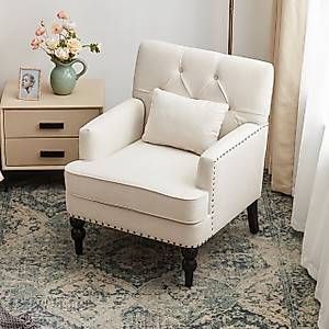 HUIMO Tufted Club Chair,Accent Chair with Lumbar Pillow, Upholstered Button Armchair, Linen Fabric Sofa Chairs for Bedroom, Living Room, Mid Century Modern with Studded Reading Chair Beige