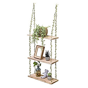 MITIME Hanging Shelves for Wall,3 Tier Window Wall Hanging Shelf for Plant Photo Frames Decorations Display Decor, Green Leaf Rope Farmhouse Wooden Floating Small Bookshelves (Light Color, 3 Tier)