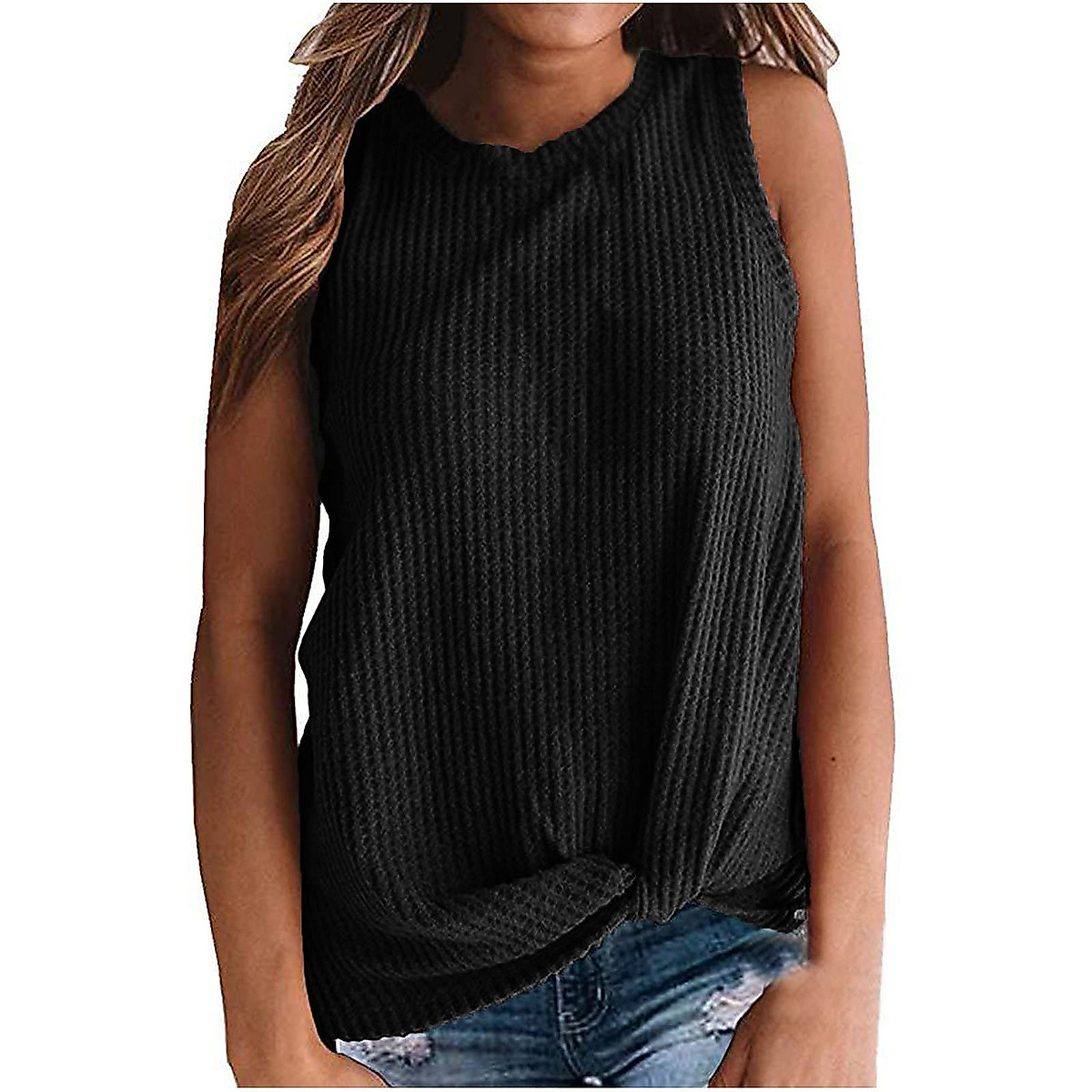 Bravetoshop Women's Tank Tops Summer Sleeveless Casual Crew Neck Solid Color Loose Fit Tee Shirts (Black,XL)