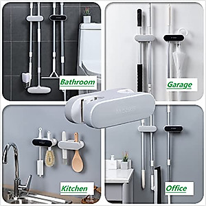 Mop and Broom Holder,Broom and Dustpan Hanger Holder Wall Mount Waterproof Heavy Duty Self Adhesive Gripper No-Drilling,Space Saver Tool Organizers For Kitchen,Garage,Bathroom,Laundry Room(White)