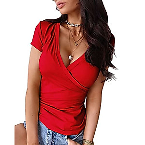 Eurivicy Womens Sexy Tops Summer Deep V Neck Wrap Shirts Short Sleeve Low Cut Pleated Criss Cross Tunic Tops Burgundy