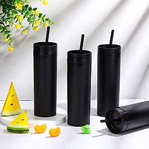 Gandeer 18 Pieces Skinny Acrylic Tumbler with Lid and Straw 16 oz Matte Cups Double Layer Plastic Tumbler Cups Vinyl Customized DIY Gifts for Parties, Birthdays, Home, Office, Bridal Shower (Black)