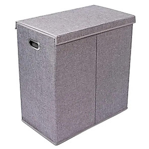 Double Laundry Hamper with Removable Lid and Two Removable Mesh Bags with Sturdy Construction in Elegant Gray Linen