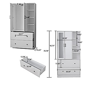 Homsee Wardrobe Armoire Wooden Closet with Mirror, 2 Doors, 2 Drawers, 4 Open Storage Cubes and Hanging Rod for Bedroom, White (35.5”L x 15.8”W x 70.8”H)