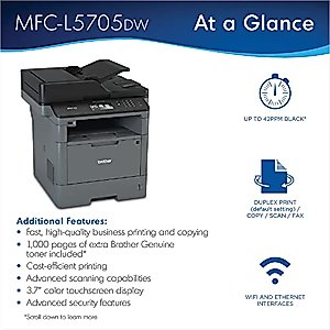Brother MFC-L5705DW All-in-One Wireless Monochrome Laser Printer - Print Copy Scan Fax - 42 ppm, 1200x1200 dpi, 3.7" Touch LCD, 256MB Memory, Auto Duplex Printing, 50-Sheet ADF, BROAGE Printer_Cable