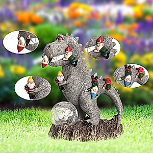 Solar Garden Statue Outdoor Decor Garden Dinosaur Eating Gnomes Figurine with LED Lights, Yard Art Ornaments for Fall Garden Sculptures & Statues for Outside Lawn Patio Yard Garden Birthday Gifts