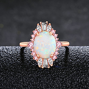 LAZLUVU White Opal Ring Oval Cut Created Opal Solitaire Engagement Wedding Rings with Cubic Zirconia Promise Ring Jewelry For Women