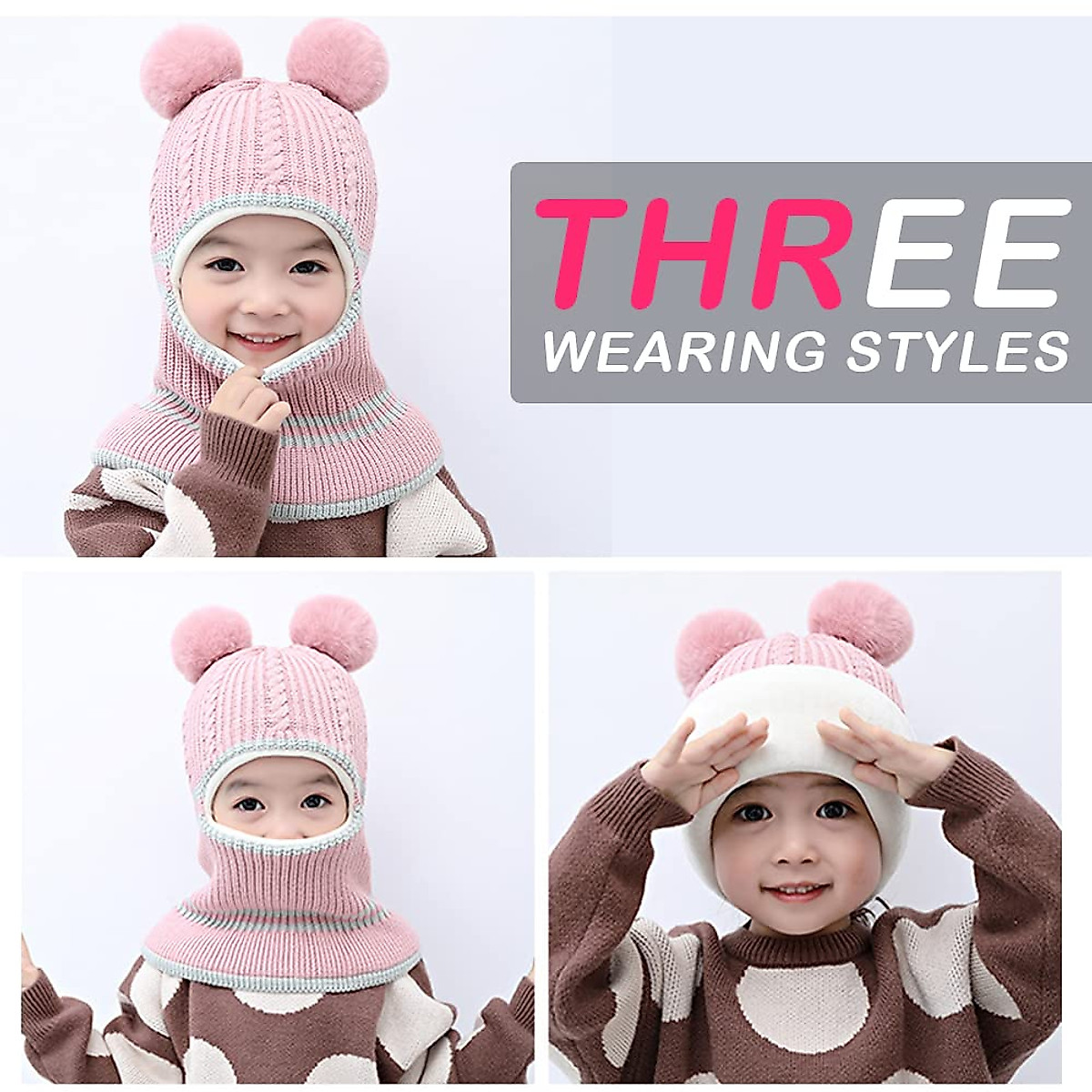 Toddler Winter Hat, Baby Winter Hat, Unisex Infant Toddler Kids Hat Scarf Set Knitted Girls Boys Winter Hat, Kids Baby Winter Hat Scarf Earflap Hood Skull Caps Beanie (Pink)