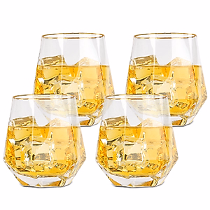 Creekview Home Emporium Scotch Glass Set - Diamond Designed 4pc Clear Whiskey Glasses with Gold Rim for Special Events