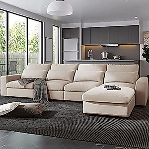 Deep Seat Down Feather Filled Modular Upholstered Sectional Sofa Couch with 4 Waist Pillows for Home Office Apartment Living Room,L-Shaped Corner Sofa & Couch Movable Ottoman/Chaise