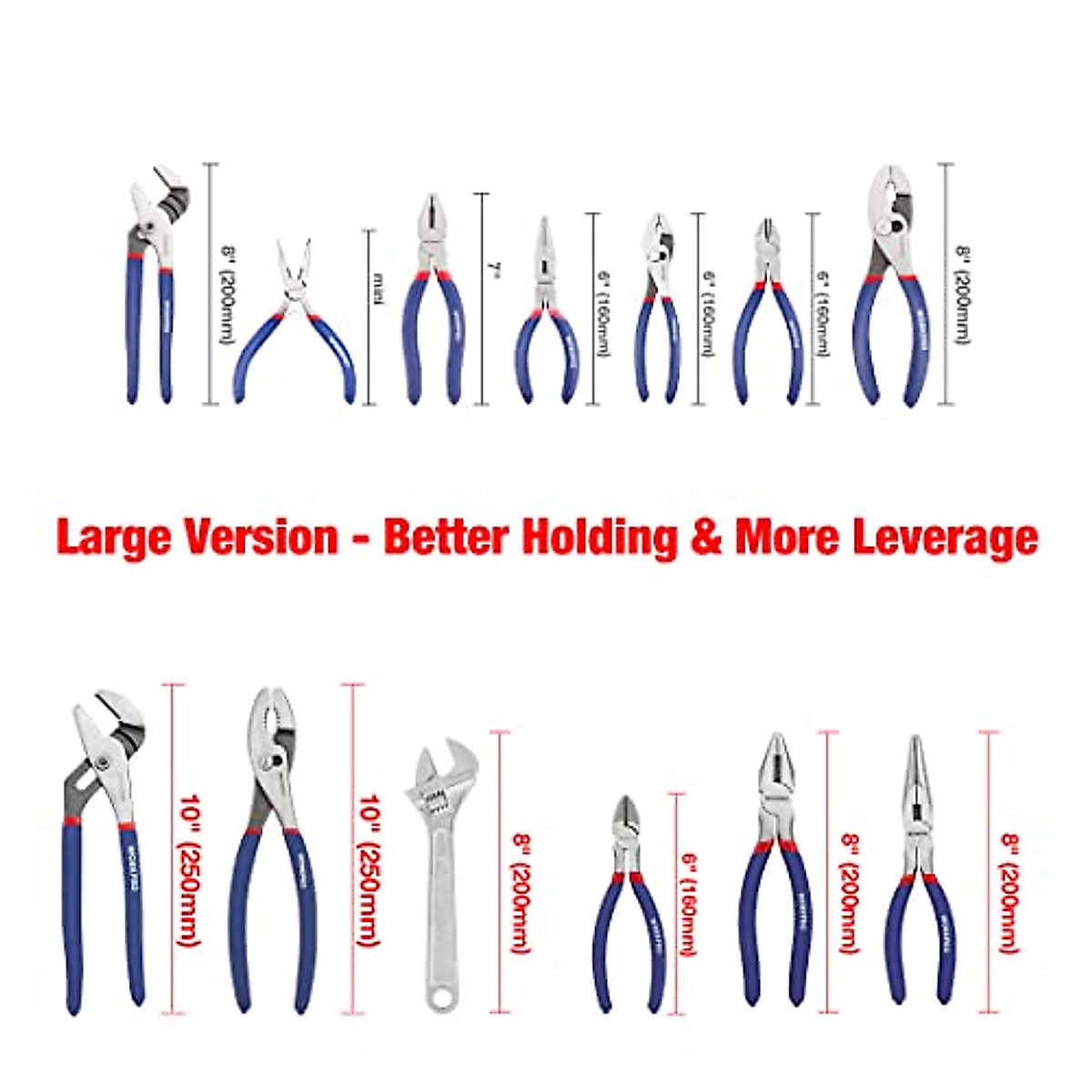 WORKPRO Large Pliers & Wrench Set 6-Piece (10" Water Pump Pliers, 10" Slip Joint Pliers, 8" Long Nose Pliers, 8" Linesman Pliers, 6" Diagonal Pliers, 8" Adjustable Wrench) for DIY & Home Use, W001329A