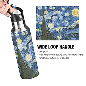 Qilmy Starry Night Sport Water Bottle with Straw Lid Double Wall Vacuum Insulated Flask Stainless Steel Water Bottle 20 oz