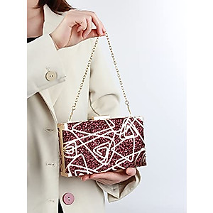Reberomantic Women Metal Handbag Chain Geometric Evening Clutch Purse (W-Dark Red)