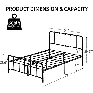 GaoMons Full Size Bed Frame with Headboard, Metal Slats Support Platform Bed Frame with Storage, No Box Spring Needed (Full)
