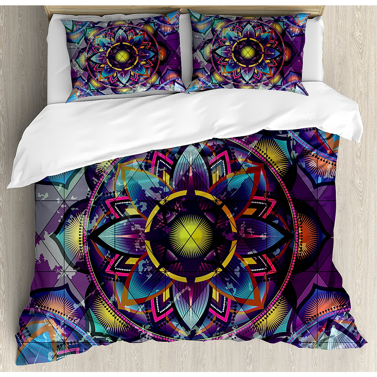 Ambesonne Lotus Duvet Cover Set, Psychedelic Surreal Geometry Mandala Background Futuristic Effects Print, Decorative 3 Piece Bedding Set with 2 Pillow Shams, King Size, Lilac Blue