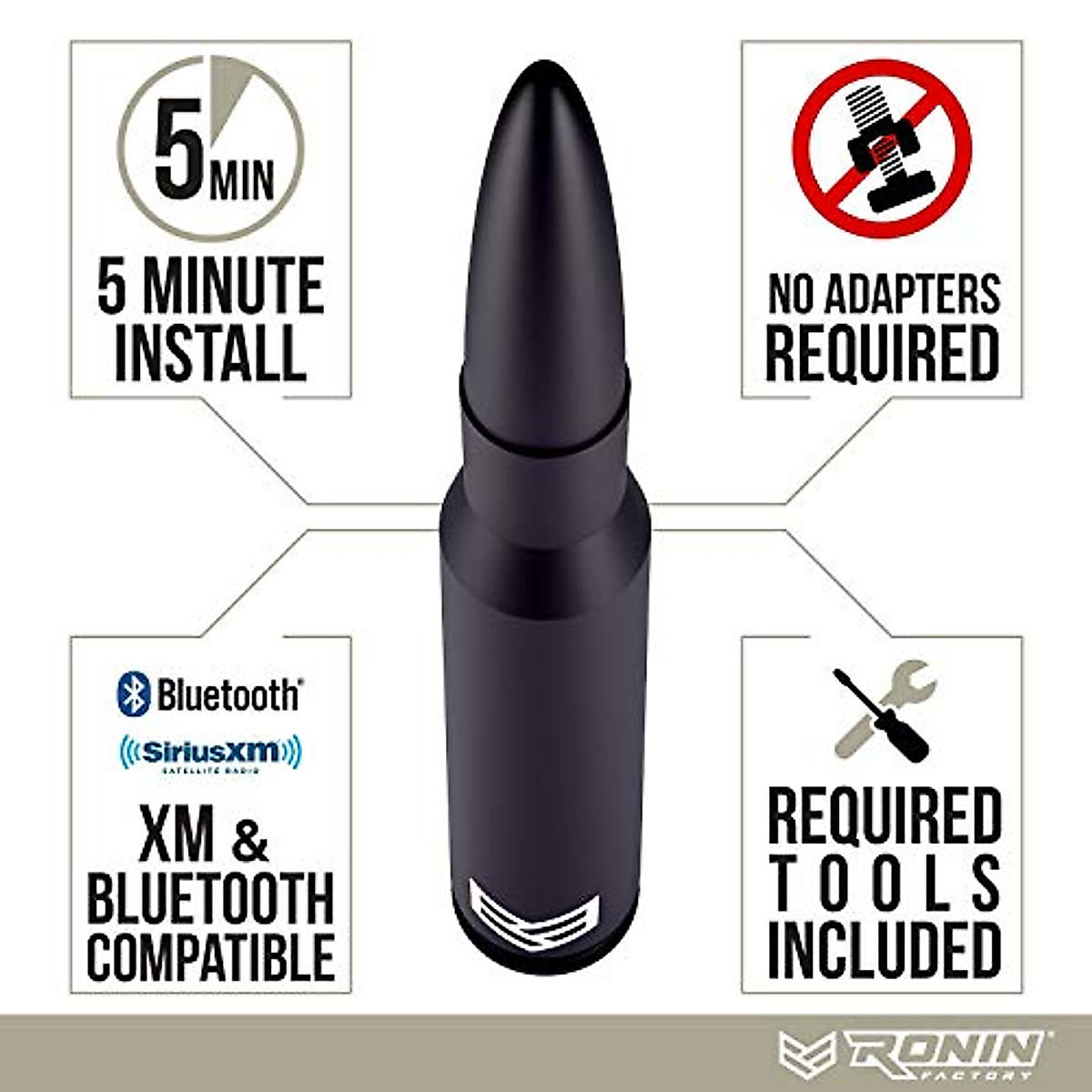 Ronin Factory 50 Cal Bullet Antenna for Ford F-150, F-250, F-350, Raptor, Bronco - Short Anti-Theft Replacement for Dodge RAM 1500