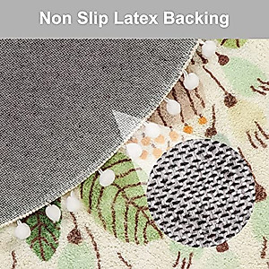 Uphome Round Throw Rugs for Bedroom 4' Circle Cute Area Rug with Pom Poms Fringe Floral Plant Washable Non-Slip Soft Floor Mats for Entryway Laundry Living/ Kids Room Nursery, Green