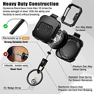 ELV Retractable ID Badge Holder, Retractable Keychain Badge Reel, Heavy Duty Metal Body, Strong Dyneema Cord, Carabiner and Key Chain, 30 inch Wire Extension, Hold Up to 15 Keys and Tools [1 Pack]