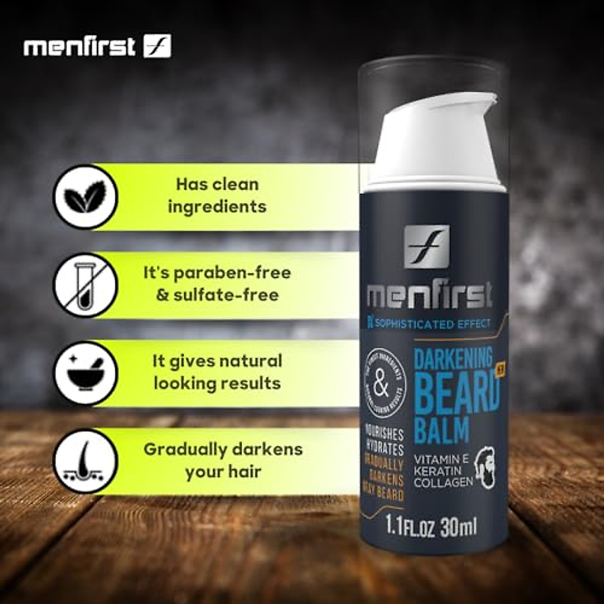 MENFIRST - Gray Darkening Beard Balm - Leave-in Conditioner - Works on Sensitive Skin - Gradually Reduces White or Gray hair Infused with Keratine, Collagen and Vitamin E. - Natural Looking Results