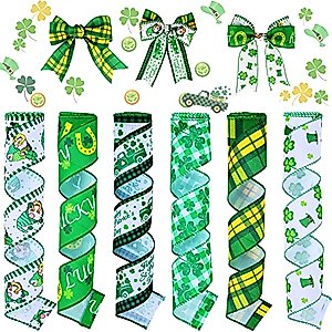 6 Rolls 30 Yards St. Patrick's Day Wired Edge Ribbon Green Buffalo Plaid Ribbon Shamrock Burlap Ribbon Green Hat Wrapping Ribbon for Wrapping Wreath Party Decoration DIY Craft Supplies (White/Green)