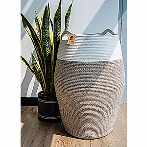 Goodpick Tall Laundry Hamper | Woven Jute Rope Dirty Clothes Hamper Modern Hamper Basket Large in Laundry Room, (White & Brown, 25.6 x 17.71 Inch)